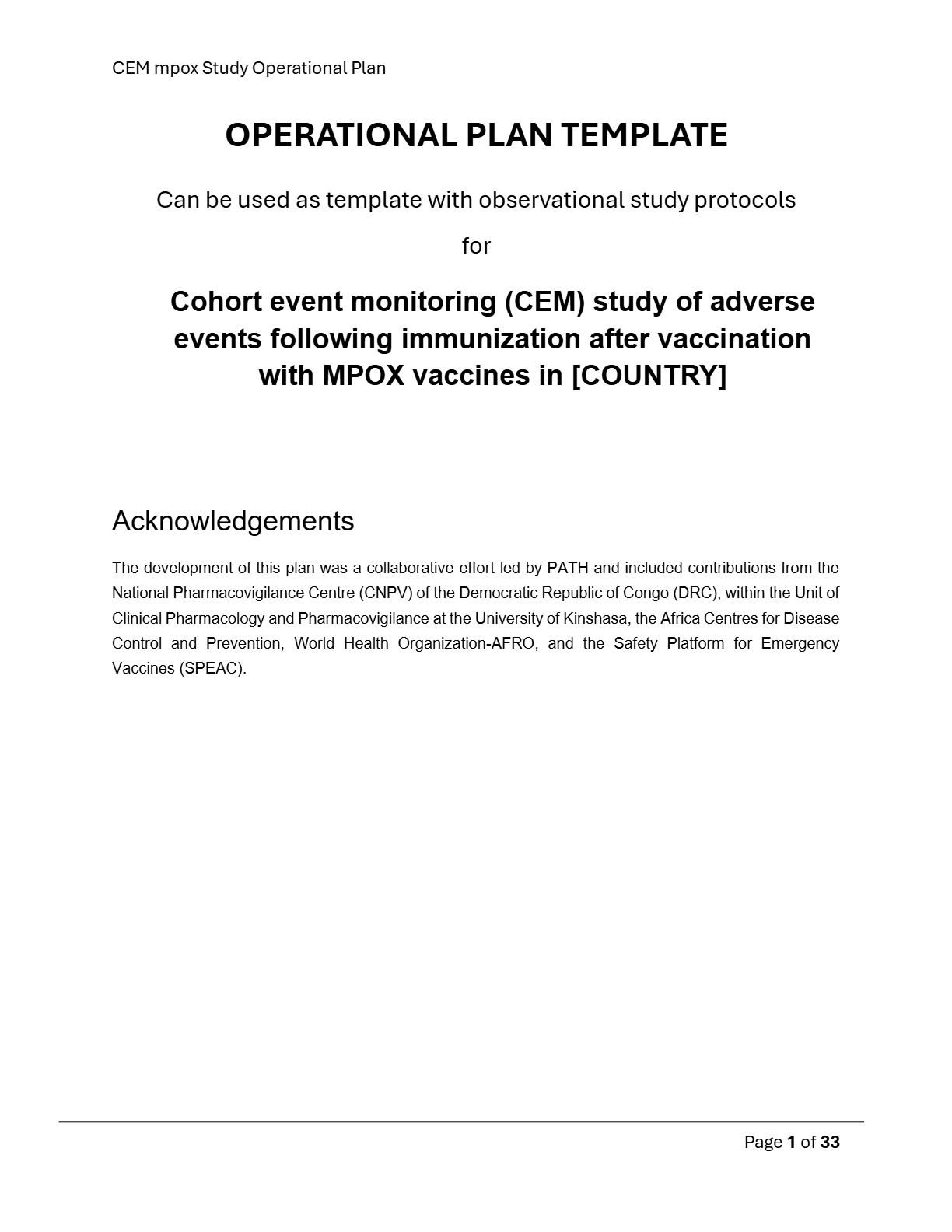 OPERATIONAL PLAN TEMPLATE FOR COHORT EVENT MONITORING (CEM) STUDY OF ...