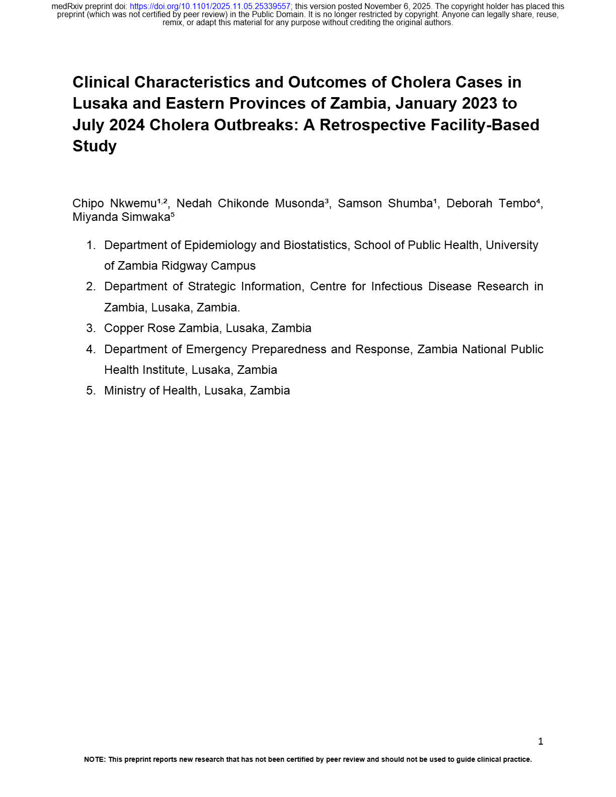 Clinical characteristics and outcomes of cholera cases in Lusaka and ...