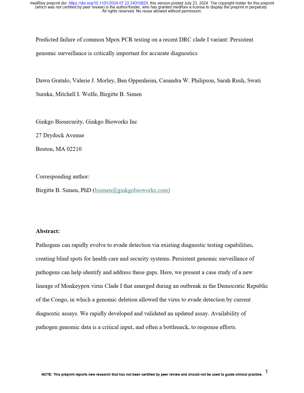 Predicted failure of common Mpox PCR testing on a recent DRC clade I ...